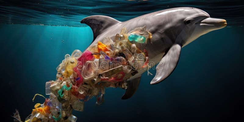 Dolphin Deep Underwater with Plastic Debris in Ocean. Ecology Problems ...