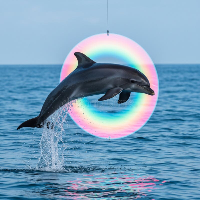 A Dolphin (Delphinus) Leaps through a Digitally Created Rainbow Ring ...