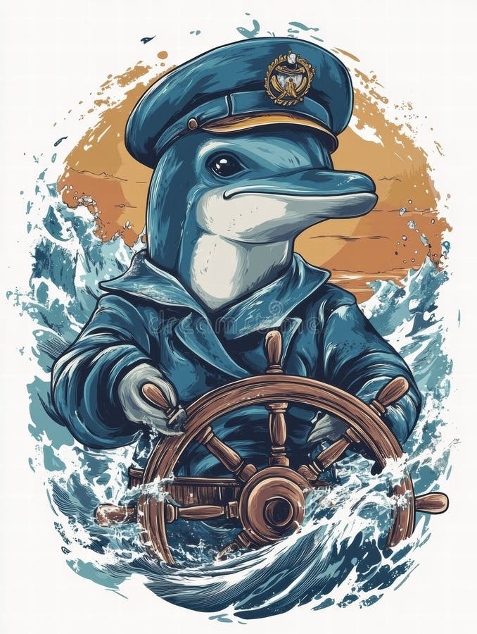 Dolphin Dressed As Ship Captain Navigating the Ocean with a Ships Wheel ...