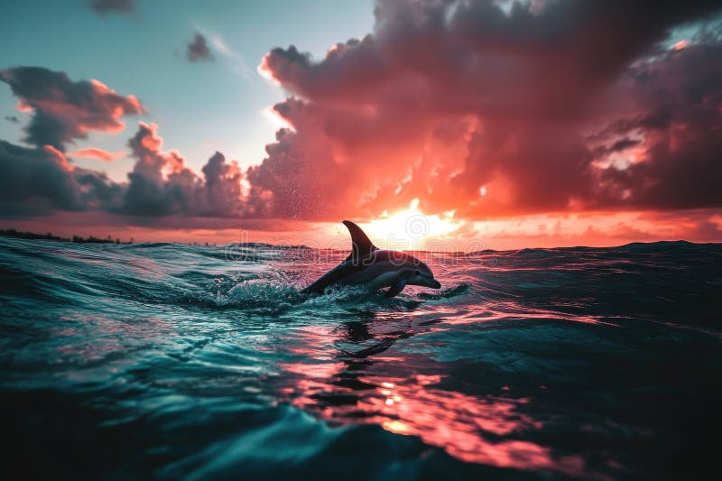 Dolphin Emerging from the Ocean at Sunset with Vibrant Sky and Waves ...