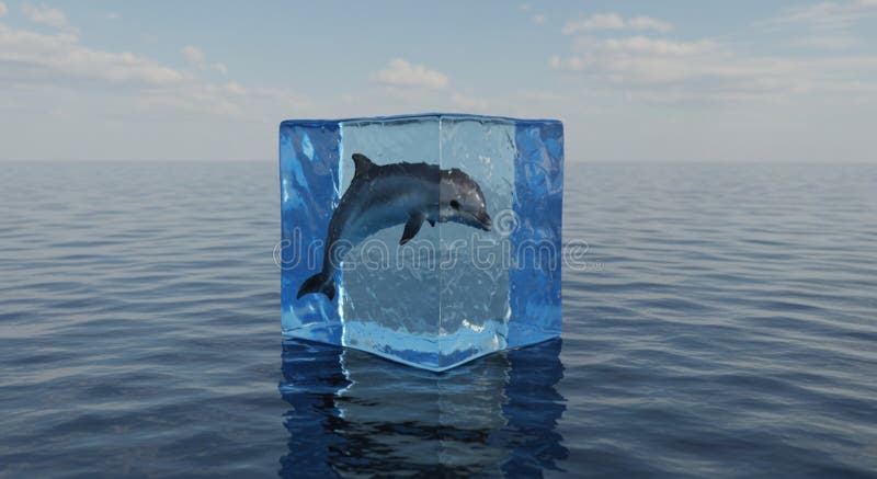 A Dolphin is Encased in a Transparent, Blue Ice Cube Floating on the ...