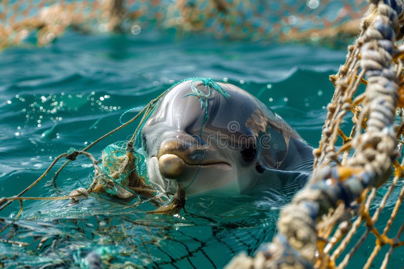 Sweet Dolphin Entangled in Fishing Net Stock Illustration ...