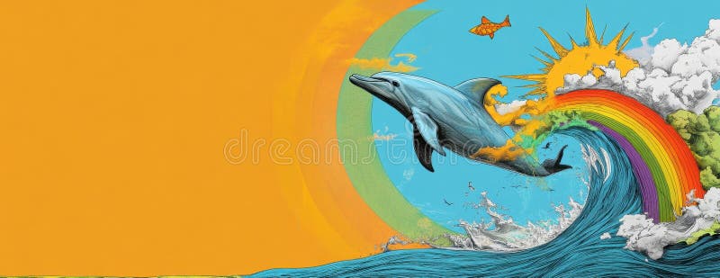 Dolphin and Fish in Dynamic Wave with Rainbow Stock Photo - Image of ...