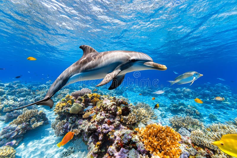 A Dolphin Glides Above a Coral Reef in Crystal-clear Blue Water. Stock ...