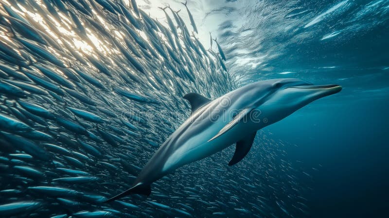 A Dolphin Glides Smoothly through a School of Shimmering Fish Under the ...