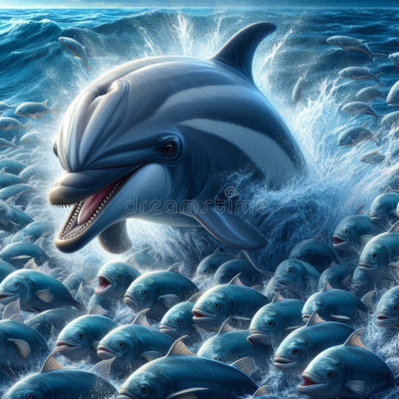 A Dolphin Hunting a School of Fish, with a Fierce and Determined ...
