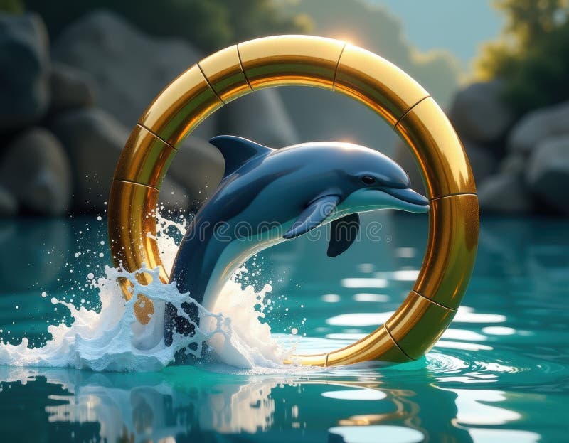 Dolphin Jumping through Golden Ring in Tropical Water Stock Illustration - Illustration of ...