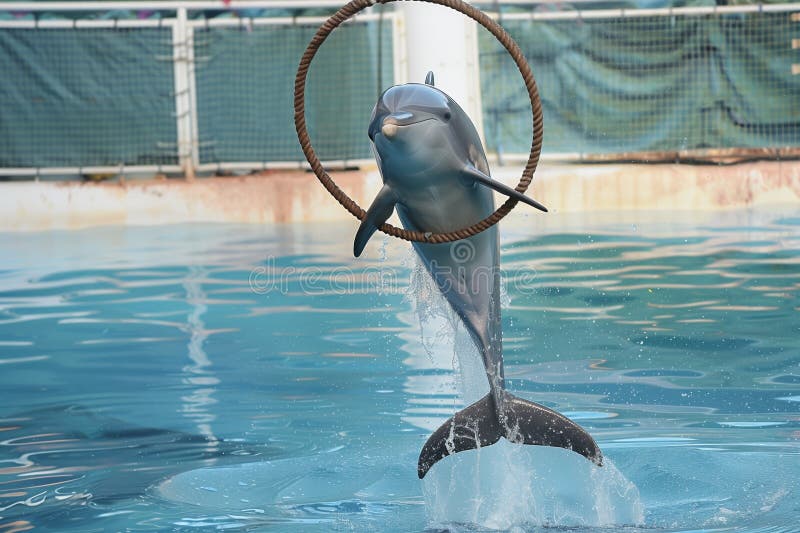 Dolphin Jumping through a Hoop Above Water in an Aquarium Stock Image ...