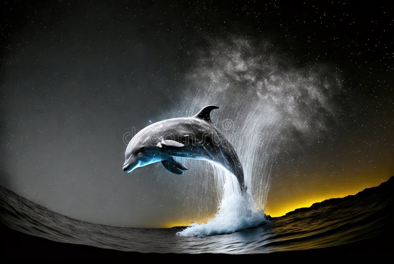 Dolphin Jumping in Ocean at Night. Generative AI Stock Illustration ...