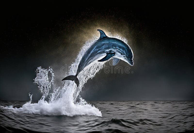 Dolphin Jumping in Ocean at Night. Generative AI Stock Illustration ...
