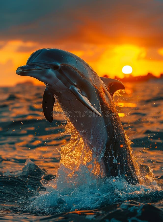Dolphin Jumping in the Ocean at Sunset Stock Photo - Image of vacation ...