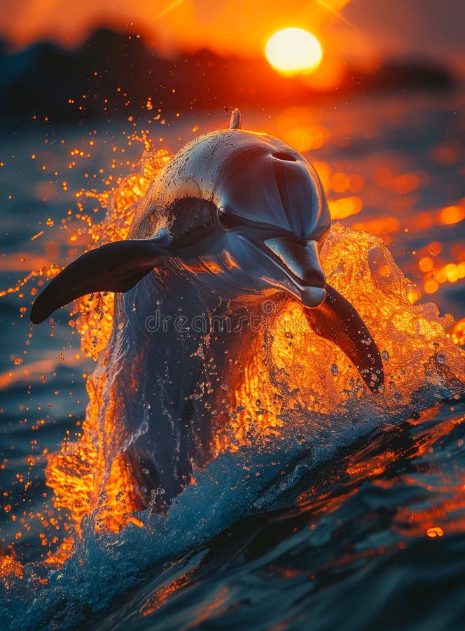 Dolphin Jumping in the Ocean at Sunset Stock Image - Image of summer ...