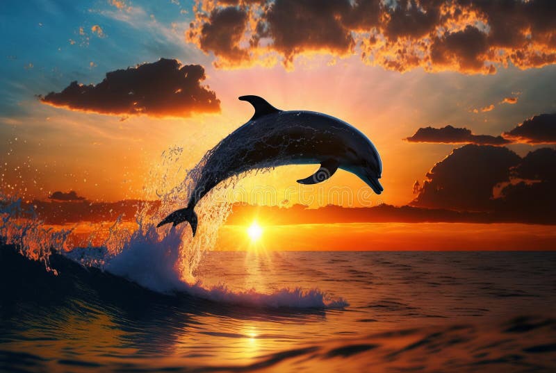 Dolphin Jumping in Ocean at Sunset. Generative AI Stock Illustration ...