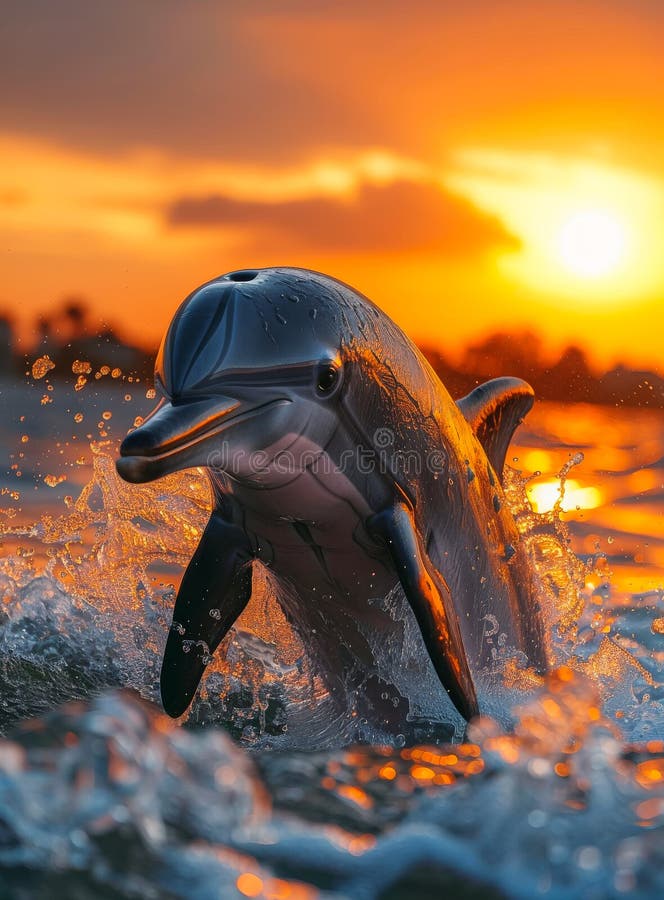 Dolphin Jumping Out of the Water during Beautiful Sunset. Stock Image ...
