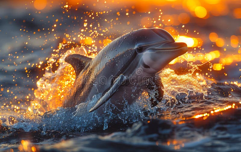 Dolphin Jumping Out of the Water at Sunset Stock Photo - Image of ...