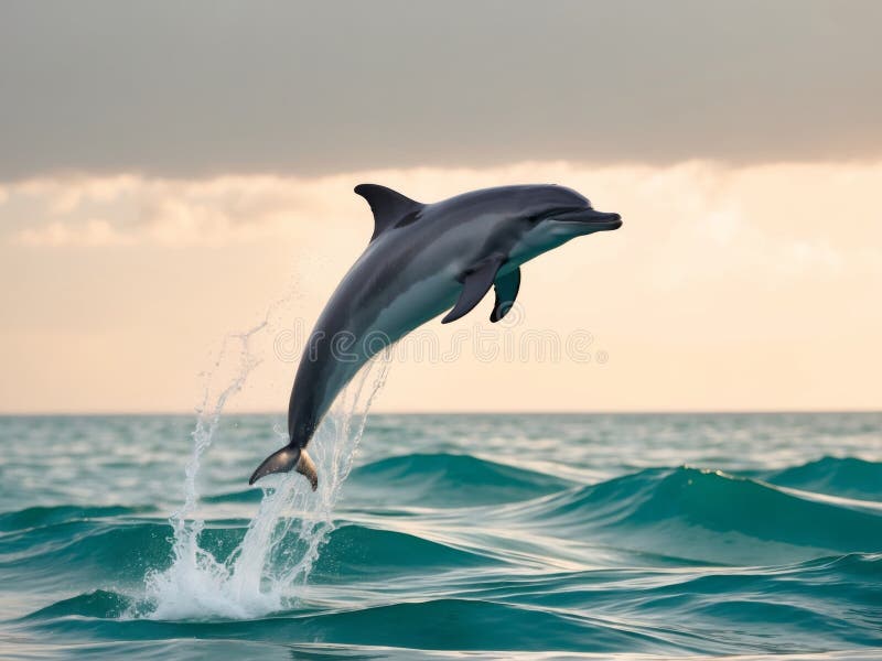 A Dolphin Jumping Out of Water Under a Cloudy Sky with Sunlight ...