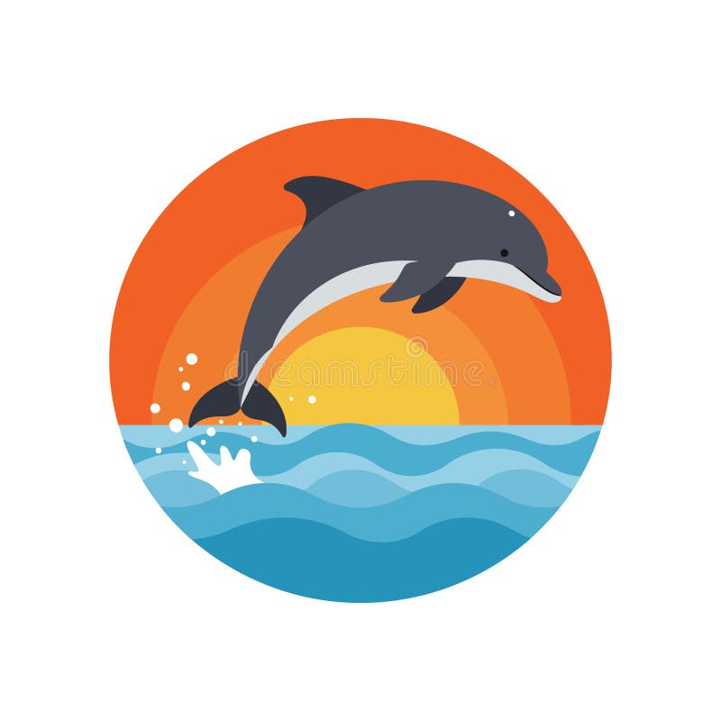 Dolphin Jumping Over Waves with Sunset Background in Flat Vector Art ...