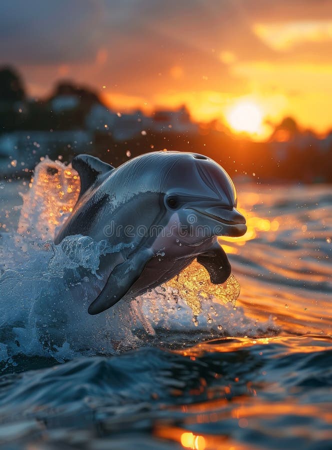 Dolphin Jumping in the Sea Against the Sunset Stock Image - Image of ...