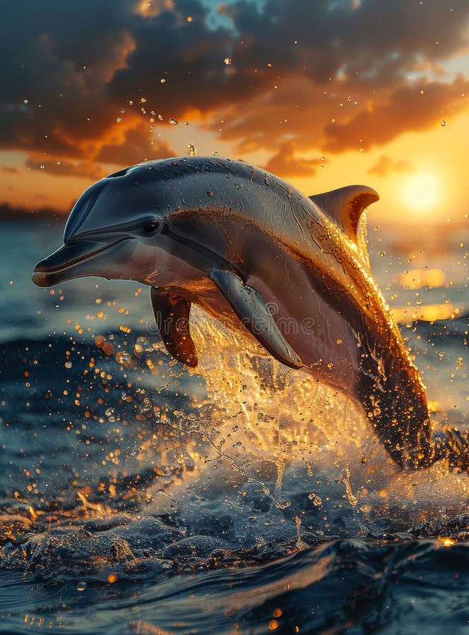 Dolphin Jumping in the Sea at Sunset Stock Photo - Image of fish ...
