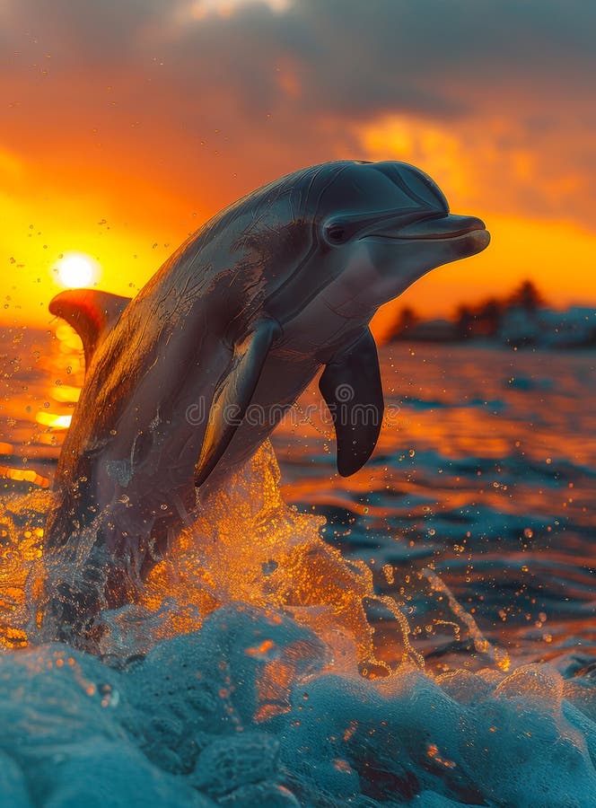 Dolphin Jumping in the Sea at Sunset Stock Image - Image of wild ...