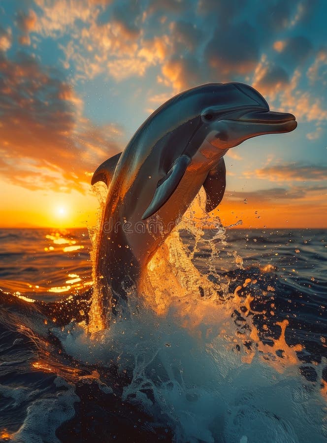 Dolphin Jumping in the Sea at Sunset Stock Photo - Image of summer ...