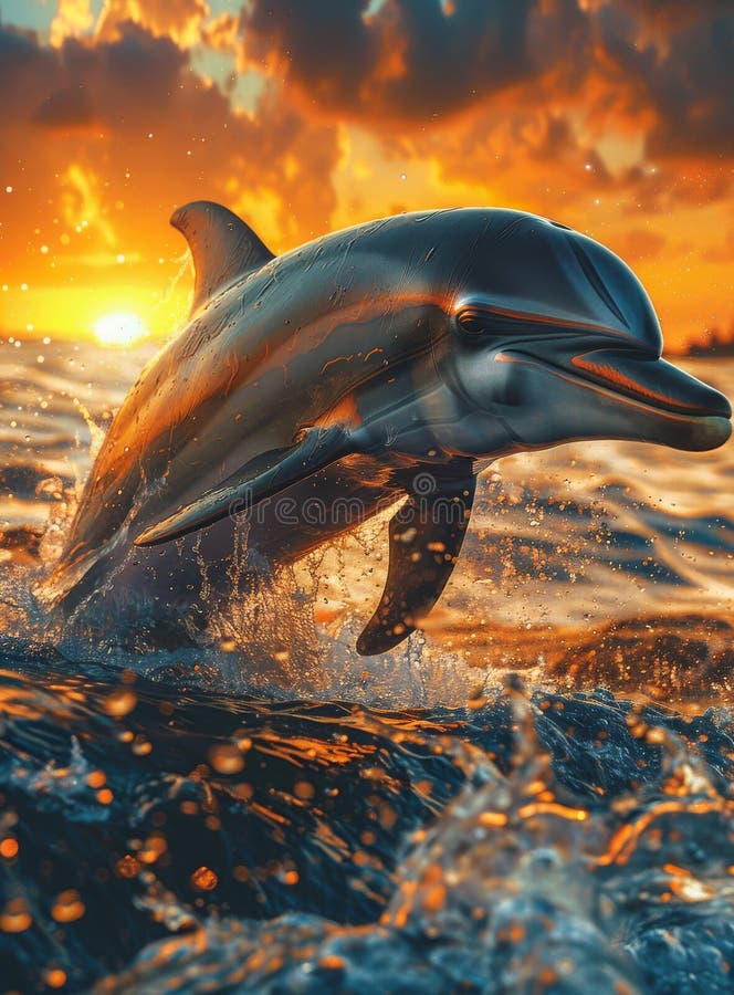 Dolphin Jumping in the Sea at Sunset. a Dolphin Jumping Out of the ...