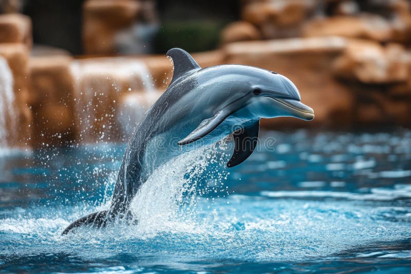 Dolphin Jumping and Splashing Water in a Blue Pool, Showcasing Its ...