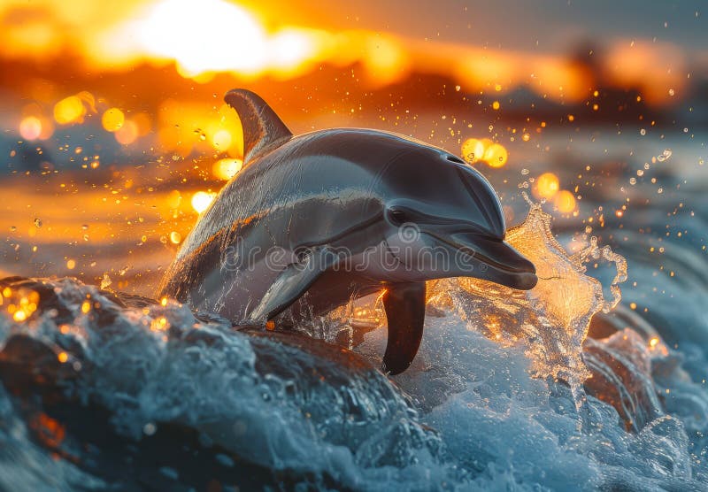 Dolphin Jumping in the Water at Sunset Stock Image - Image of ...
