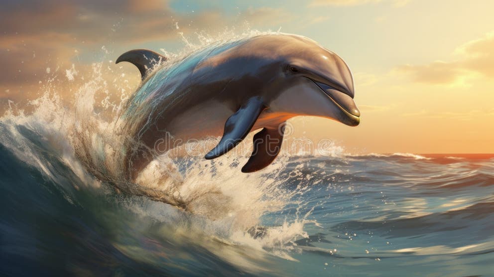 Hyper-detailed Illustration of a Dolphin Jumping in the Ocean Stock ...