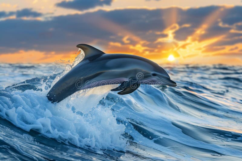 Dolphin Leaping Above Sea Waves at Sunrise with Sunrays Visible Stock ...
