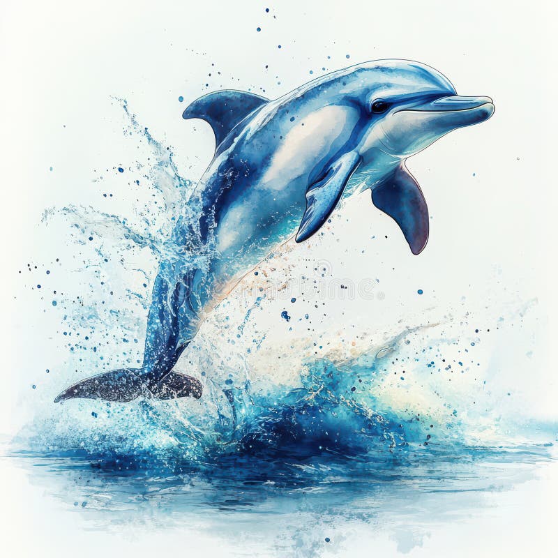 Dolphin Leaping Ocean Splash Watercolor Art Stock Illustration ...