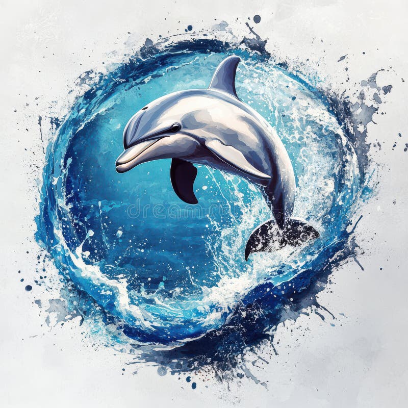 Dolphin Leaping in Ocean Wave Abstract Art Blue Watercolor Splashes ...