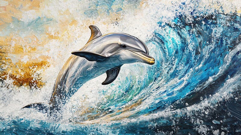 Dolphin Leaping from Ocean Wave, Painted Art Stock Illustration ...