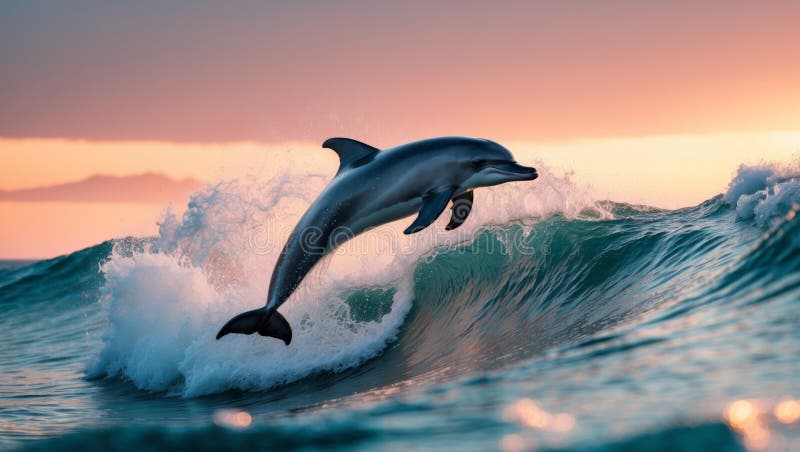 Dolphin Leaping through Ocean Wave at Sunset Stock Image - Image of ...