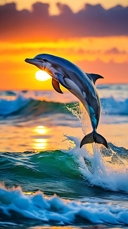 Dolphin Leaping through Ocean Waves at Sunset with Vibrant Sky and Sun ...
