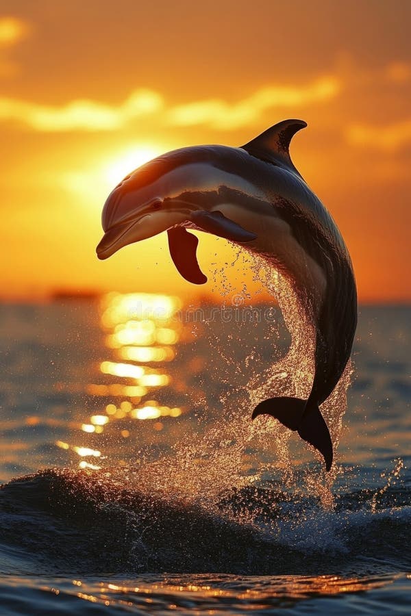Dolphin Leaping Out of the Water during a Beautiful Golden Sunset ...
