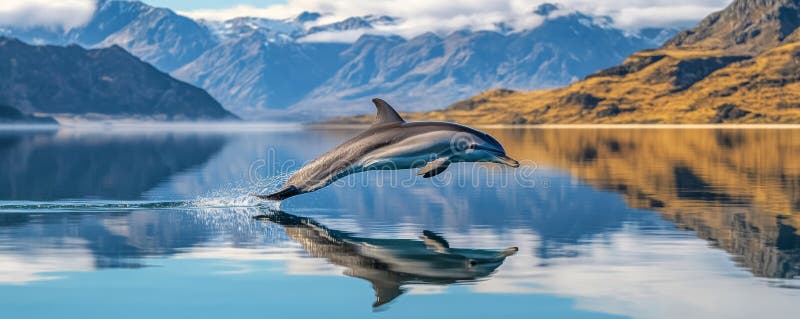 Dolphin Leaping Over Tranquil Lake with Mountain Backdrop, Serene ...