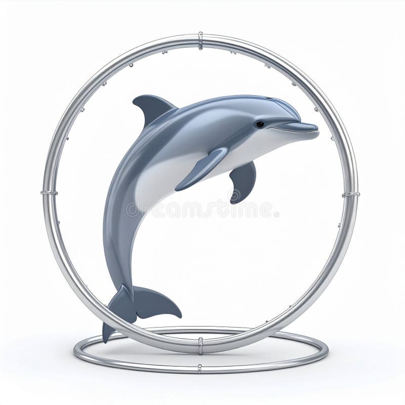 Dolphin Leaping through Silver Hoop Against White Background Stock ...