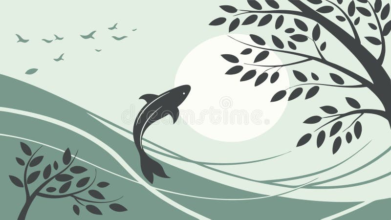 Dolphin Leaping from Water Beneath a Tree with Birds, Harmonious Nature ...