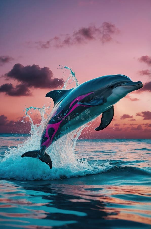Stunning Dolphin Leaping at Sunset, Ocean Splash Stock Illustration ...