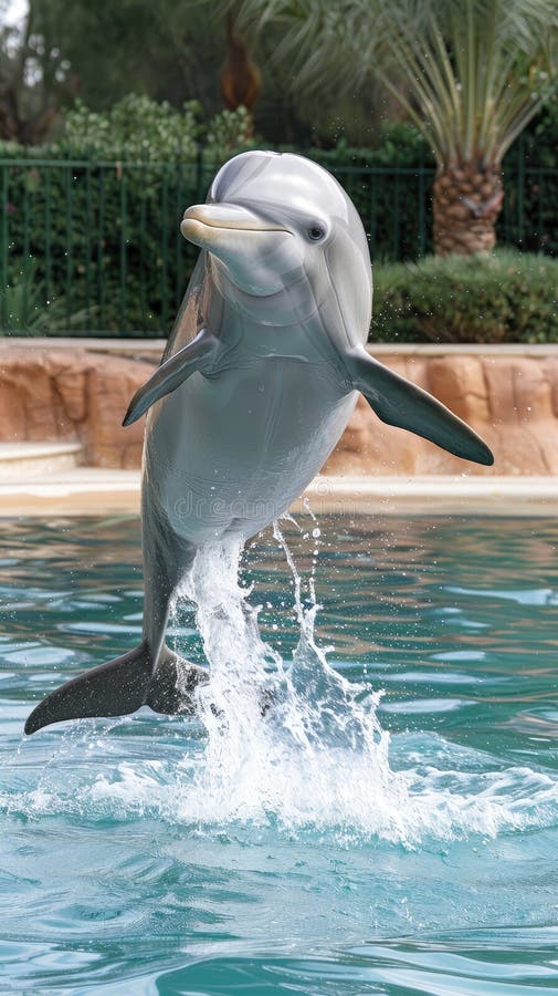 A Dolphin Leaps High Out of the Water during a Performance in a Pool ...