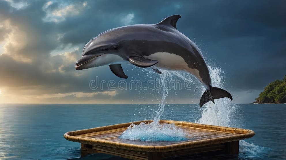 Majestic Dolphin Leaping from Wooden Platform at Sunset Stock ...