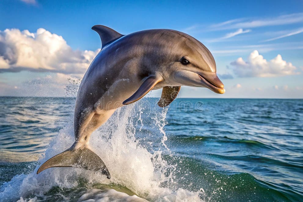 Dolphin Leaps Ocean Wave, Clear Sky Background Stock Illustration - Illustration of ...
