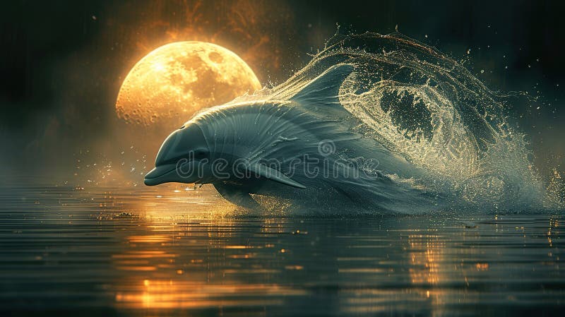 Dolphin Leaping Under the Moon Stock Illustration - Illustration of ...