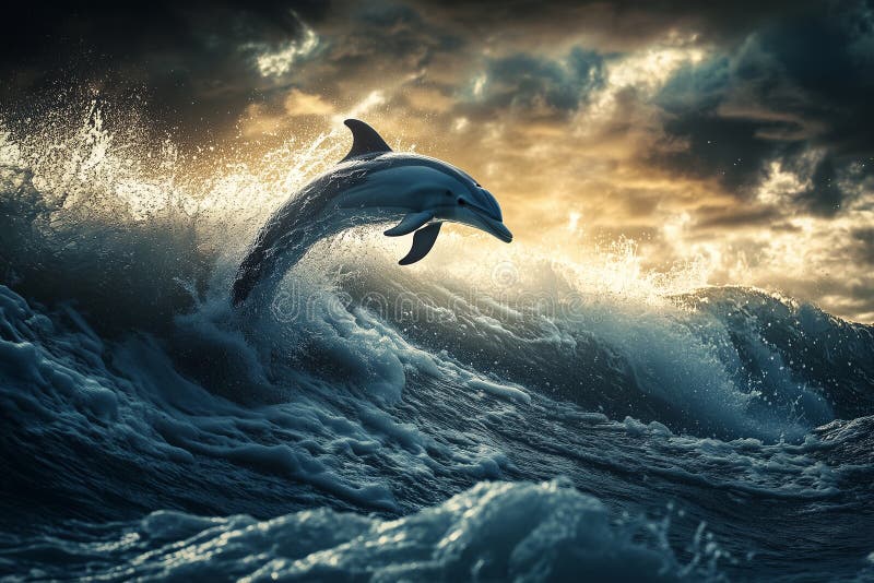 Dolphin Leaps through Powerful Ocean Waves Under a Dramatic Sky at ...