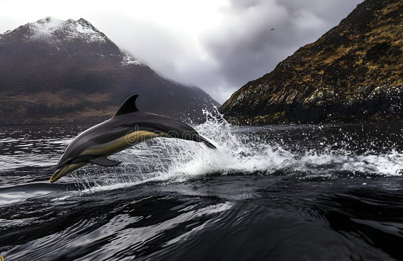 A Dolphin Leaps from the Water Amidst a Scenic Mountainous Landscape ...