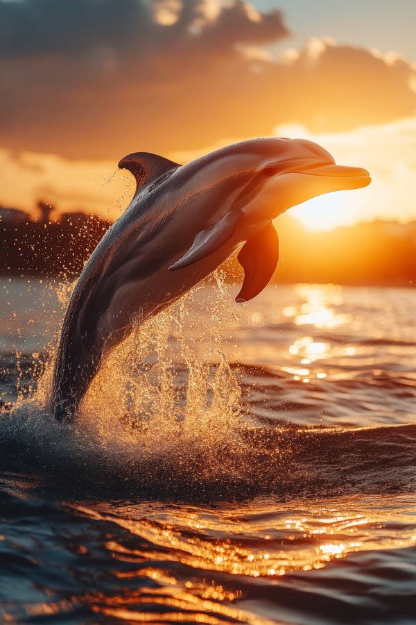 Dolphin Majestically Leaping from Golden Ocean Waves at Sunset ...
