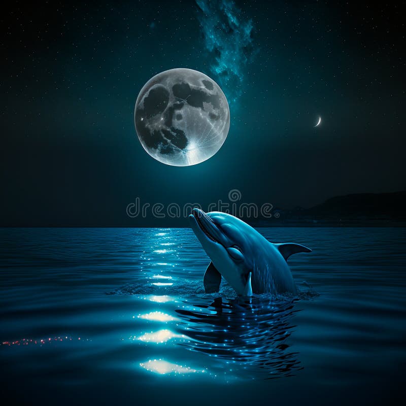 Dolphin in the Ocean in the Moonlight with a Full Moon GENERATIVE AI ...
