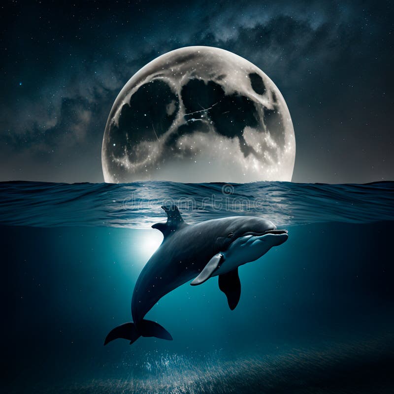 Dolphin in the Ocean in the Moonlight with a Full Moon GENERATIVE AI ...