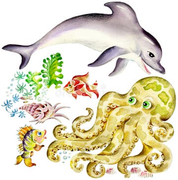 Dolphin and octopus stock illustration. Illustration of nature - 24422363